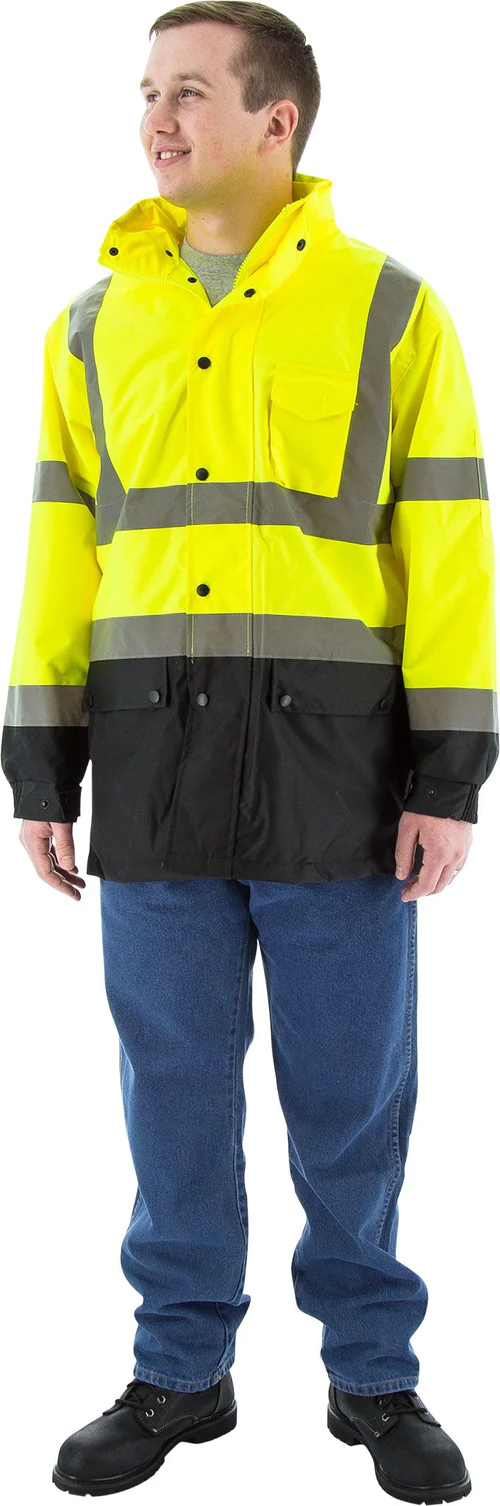 Hi-Viz Waterproof Rain Jacket w Nylon Liner, ANSI | Banner Fire ...